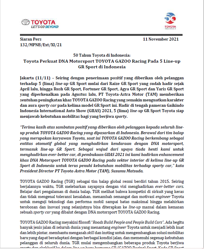 50 Tahun Toyota di Indonesia: Toyota Perkuat DNA Motorsport TOYOTA GAZOO Racing Pada 5 Line-up ...